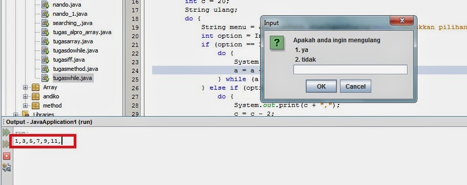CONTOH PROGRAM JAVA SEDERHANA (IF,LOOPING,ARRAY,DAN METHOD) ~ Nando Saputra