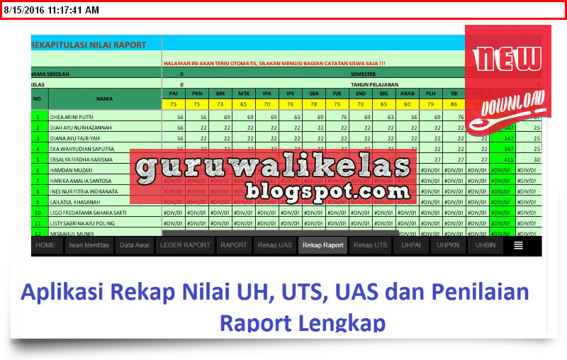 Aplikasi Rekap Nilai UH, UTS, UAS dan Penilaian Raport Lengkap New ...
