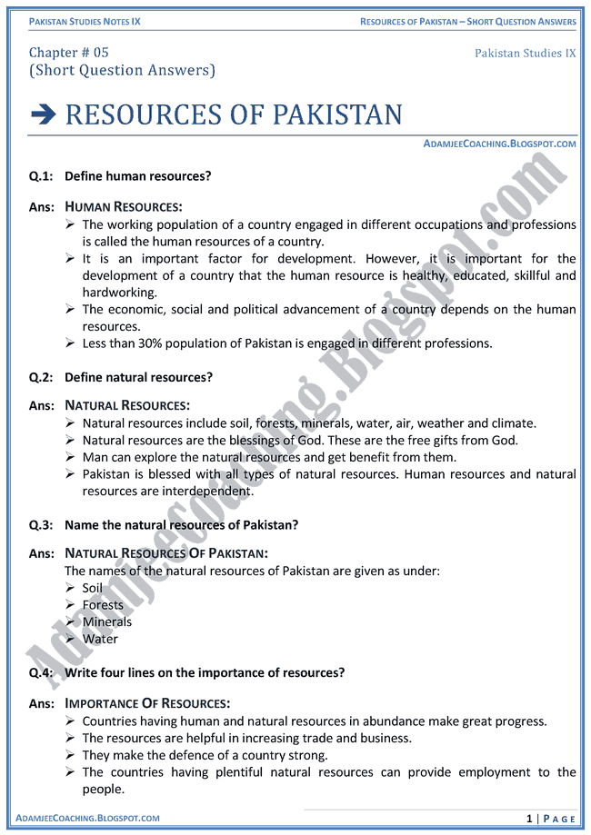 Adamjee Coaching: Resources of Pakistan - Short Question Answers ...