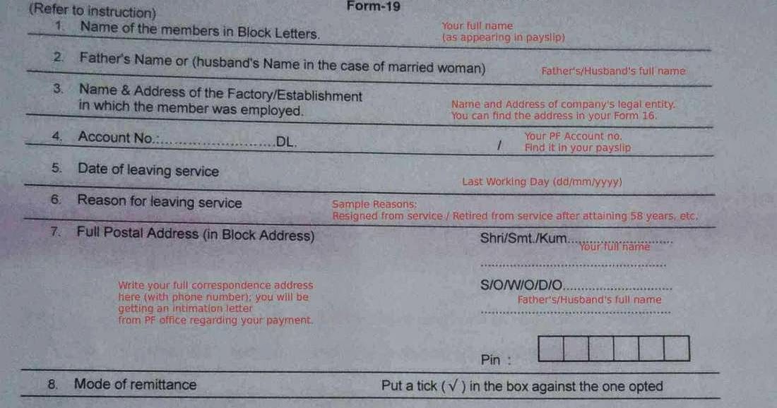PF withdrawal process: PF withdrawal-Sample filled Form 19