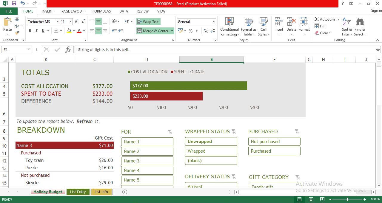 Holiday shopping budget excel template