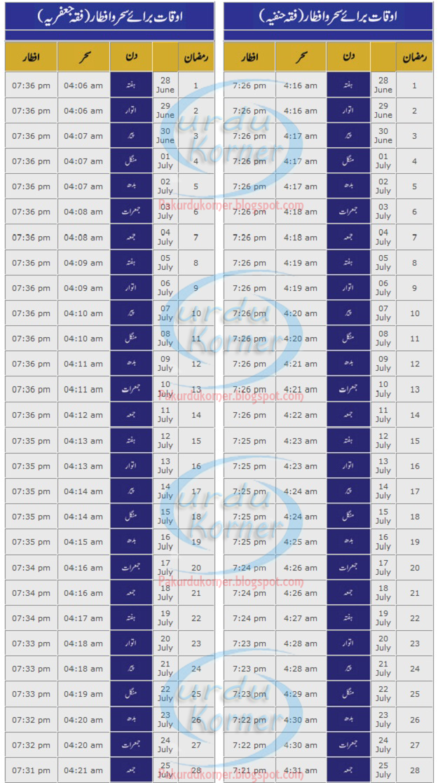 Ramadan Calendar 2014 Pakistan | Ramadan Time Table - Urdu Korner
