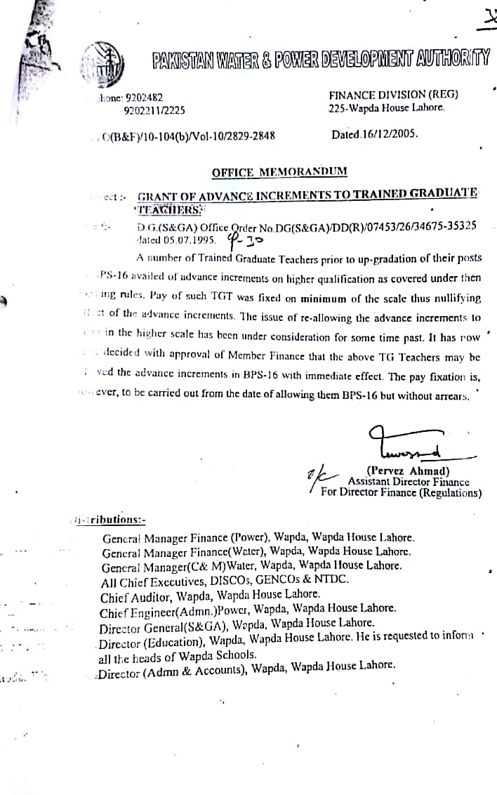 Grant of one advance increment to account assistant of water wing (Wapda)