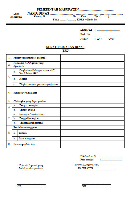 CONTOH SURAT PERJALANAN DINAS ( SPD )