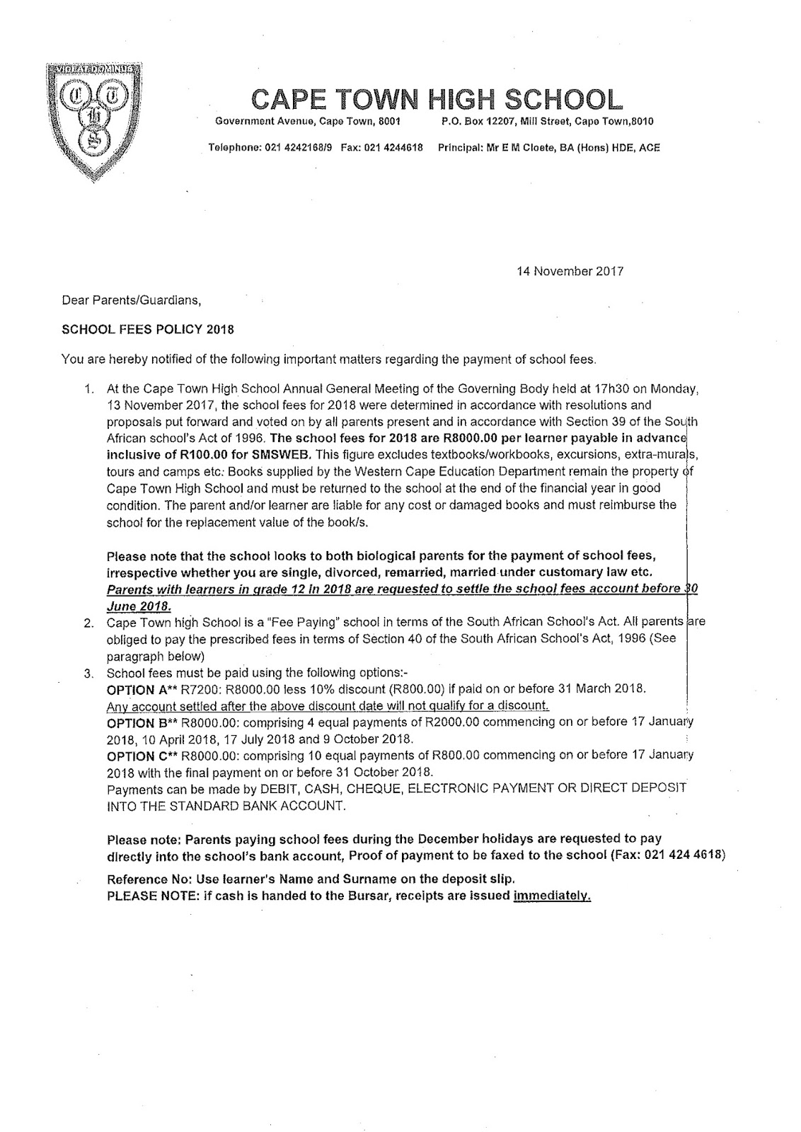 Cape Town High School: CTHS School Fees - Jan '18