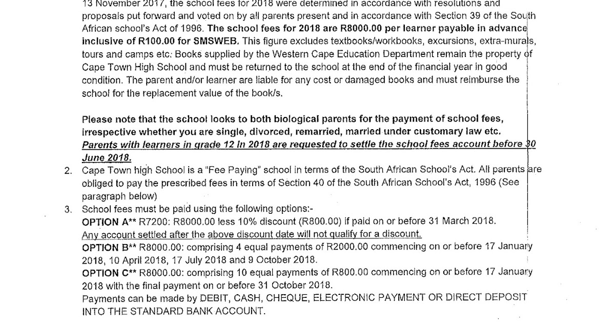 Cape Town High School: CTHS School Fees - Jan '18