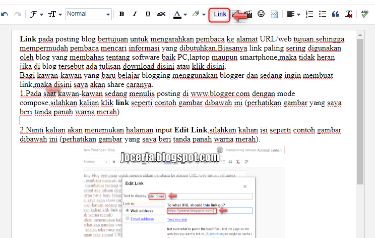 Cara Membuat Link Didalam Postingan Blog | Joceria