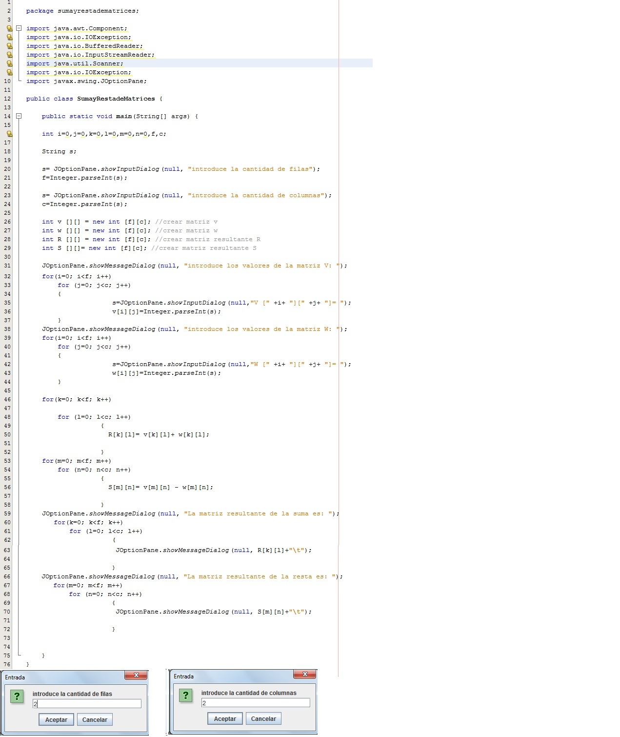 IleraJavaII: Suma y resta de matrices