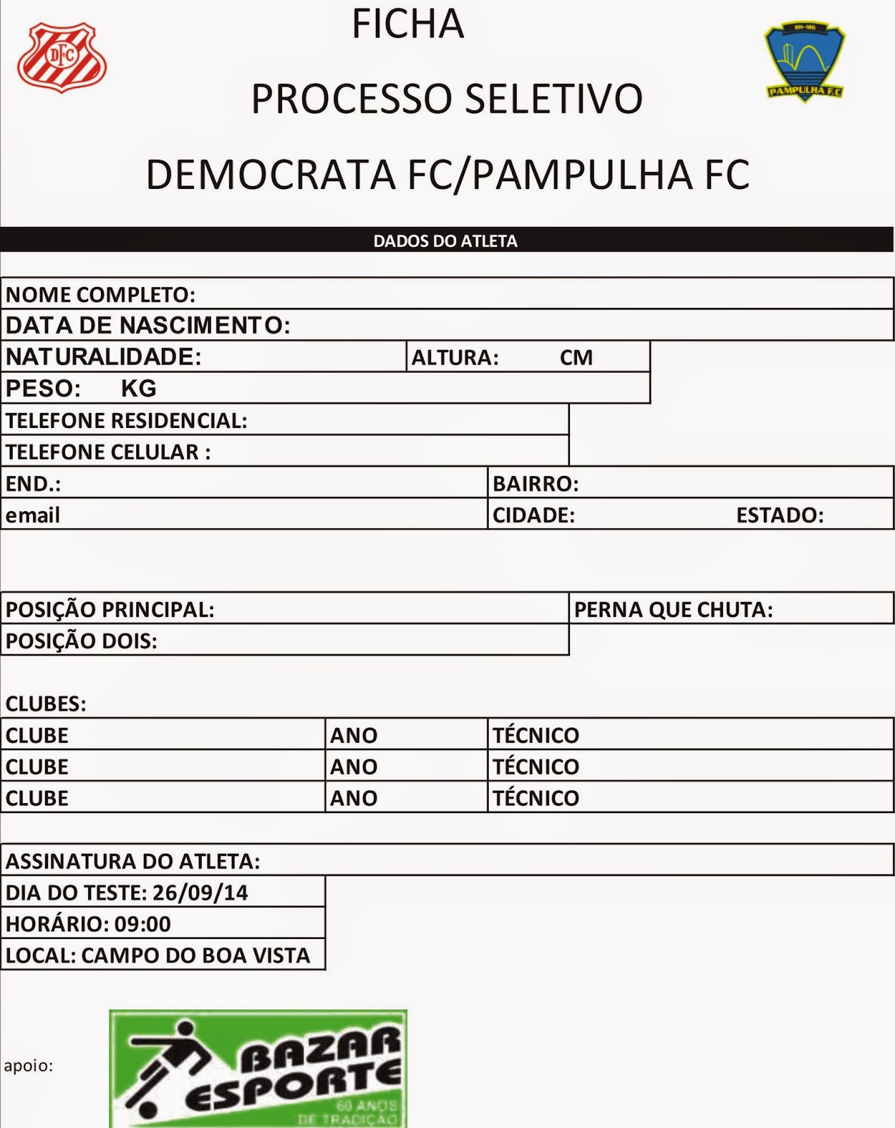 Pampulha Futebol Clube: FICHA DE INSCRIÇÃO PROCESSO SELETIVO 2014/2015 ...