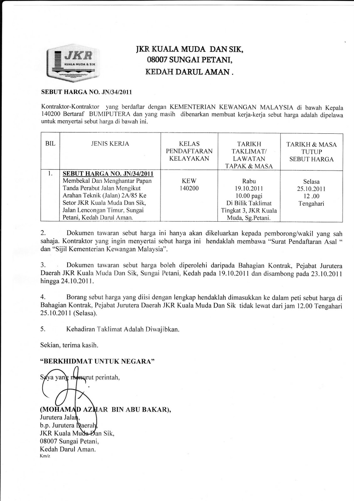 JABATAN KERJA RAYA DAERAH KUALA MUDA DAN SIK: SEBUT HARGA BEKALAN PAPAN ...