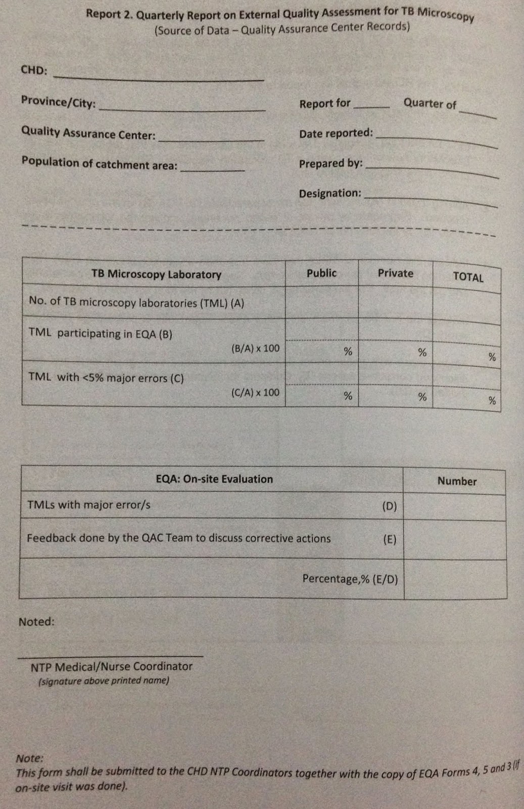 Public Health Resources: Report 2: Quarterly on EQA for TB Microscopy | NTP