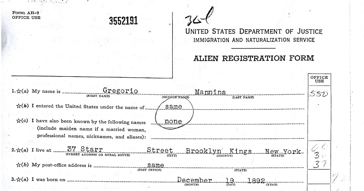 The Mannino Story: Gregorio Mannina A-file: Part 1 Alien Registration Form