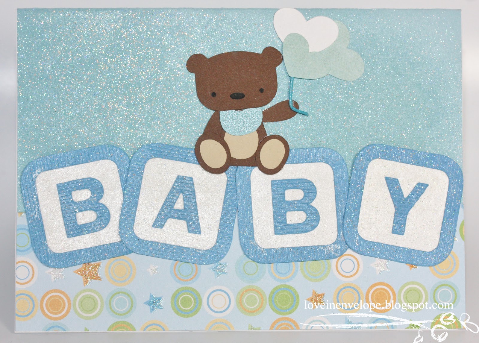 Love in Envelope: Baby Boy Blue Blocks Card With Teddy