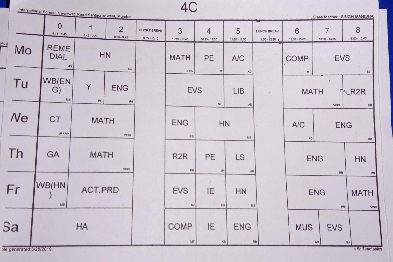4C CLASS TIME-TABLE and Full Form of the subjects