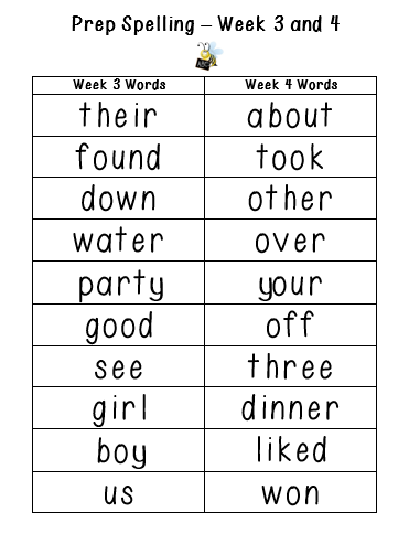 Prep at Burwood Heights Primary School: Week 3 & 4 Spelling Words