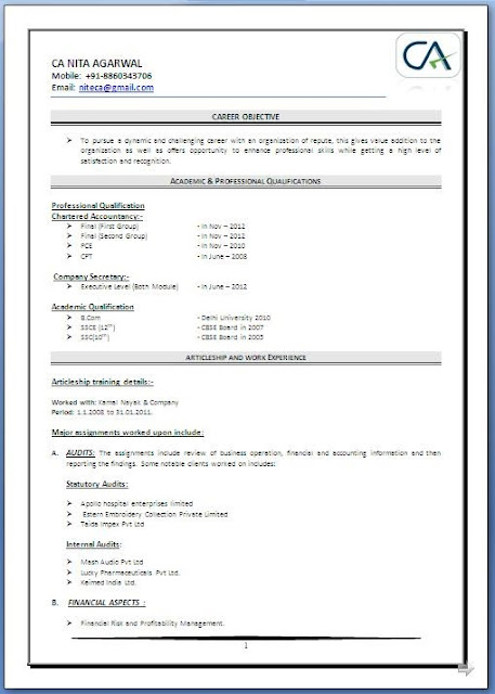 CA Fresher Resume Sample
