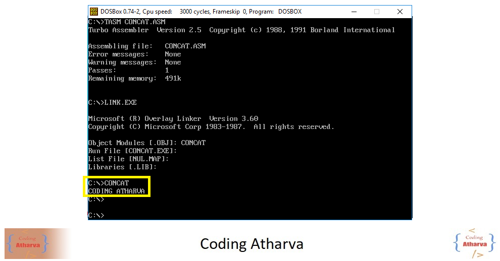 56 Program to concatenate two string in 8086 Microprocessor ~ Coding Atharva