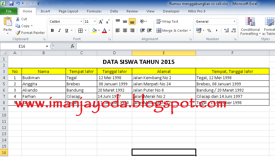 Rumus excel untuk menggabungkan isi cell