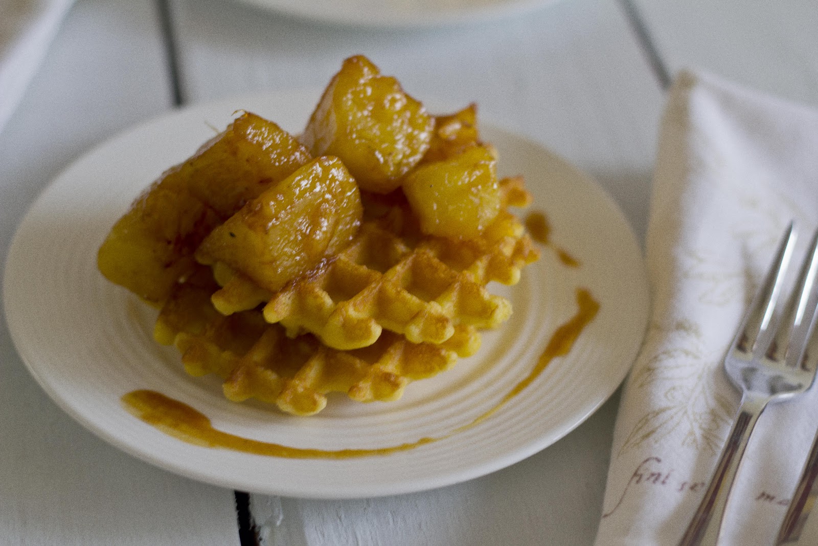 eat pray bake: Waffles With Spiced Honey Glazed Pineapple