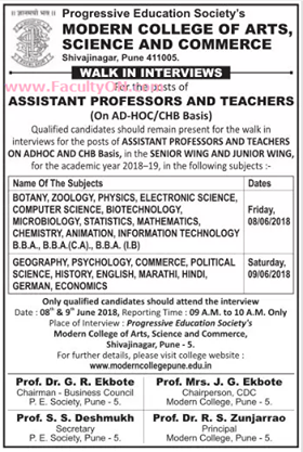 Modern College of Arts Science and Commerce Pune Wanted Assistant Professor plus Teachers ...