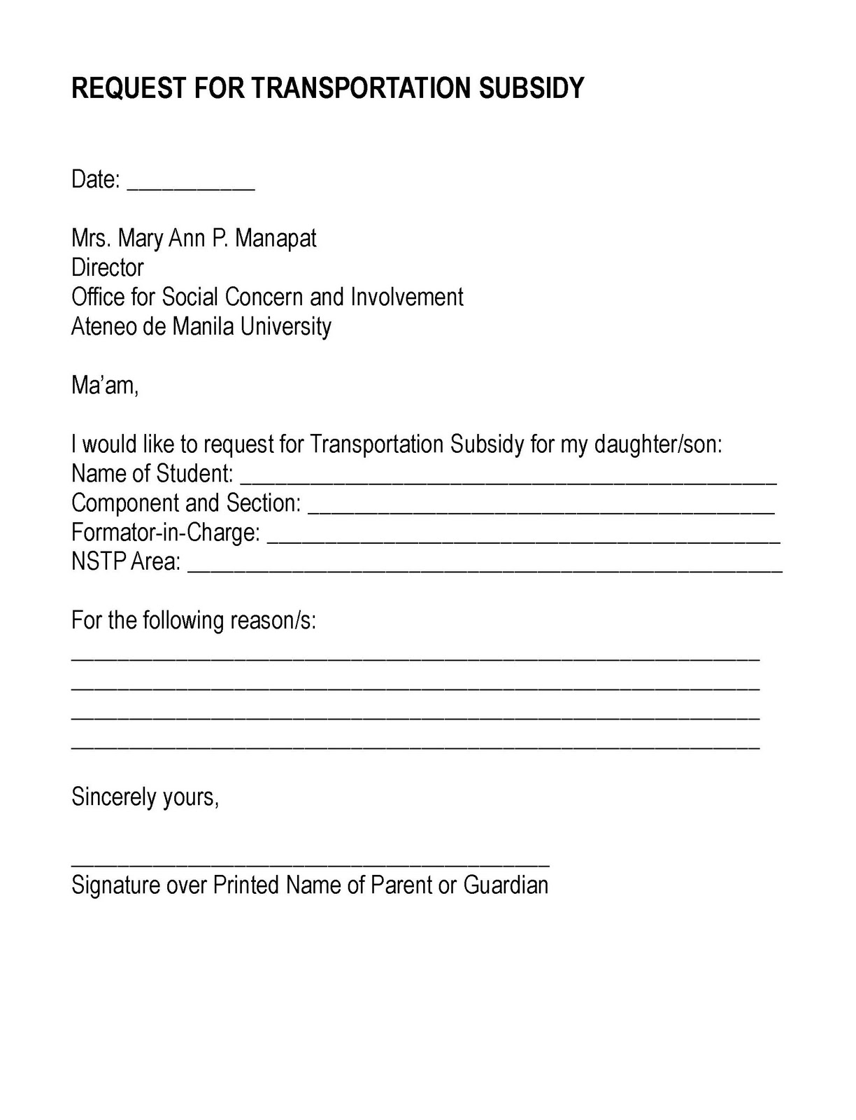 NSTP PLUS: Request for transportation subsidy