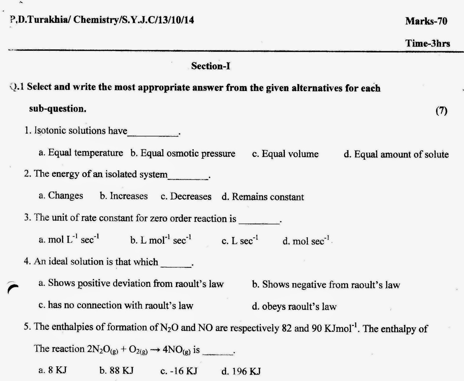 Question Papers Collection: S.Y.J.C. Science 1st Term Exam, October 2014