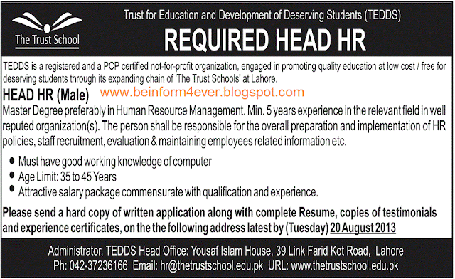 Jobs for Head HR In (TEDDS) ~ Jobs And Scholarships