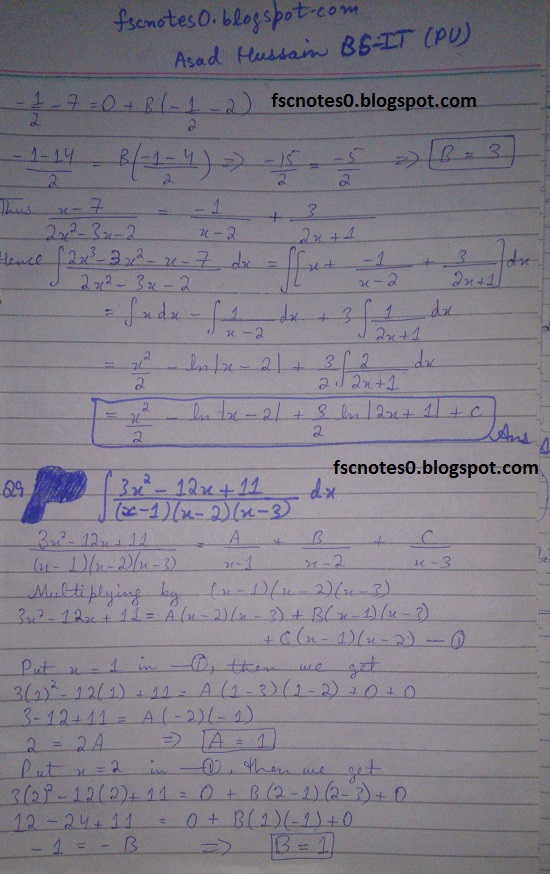 Fsc Ics Notes Math Part 2 Chapter 3 Integration Exercise 3 5 Question 1 11