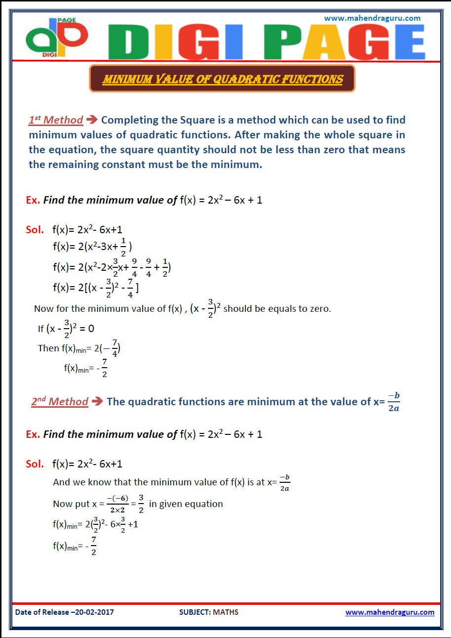 DP | QUADRATIC FUNCTIONS | 20 - FEB - 17