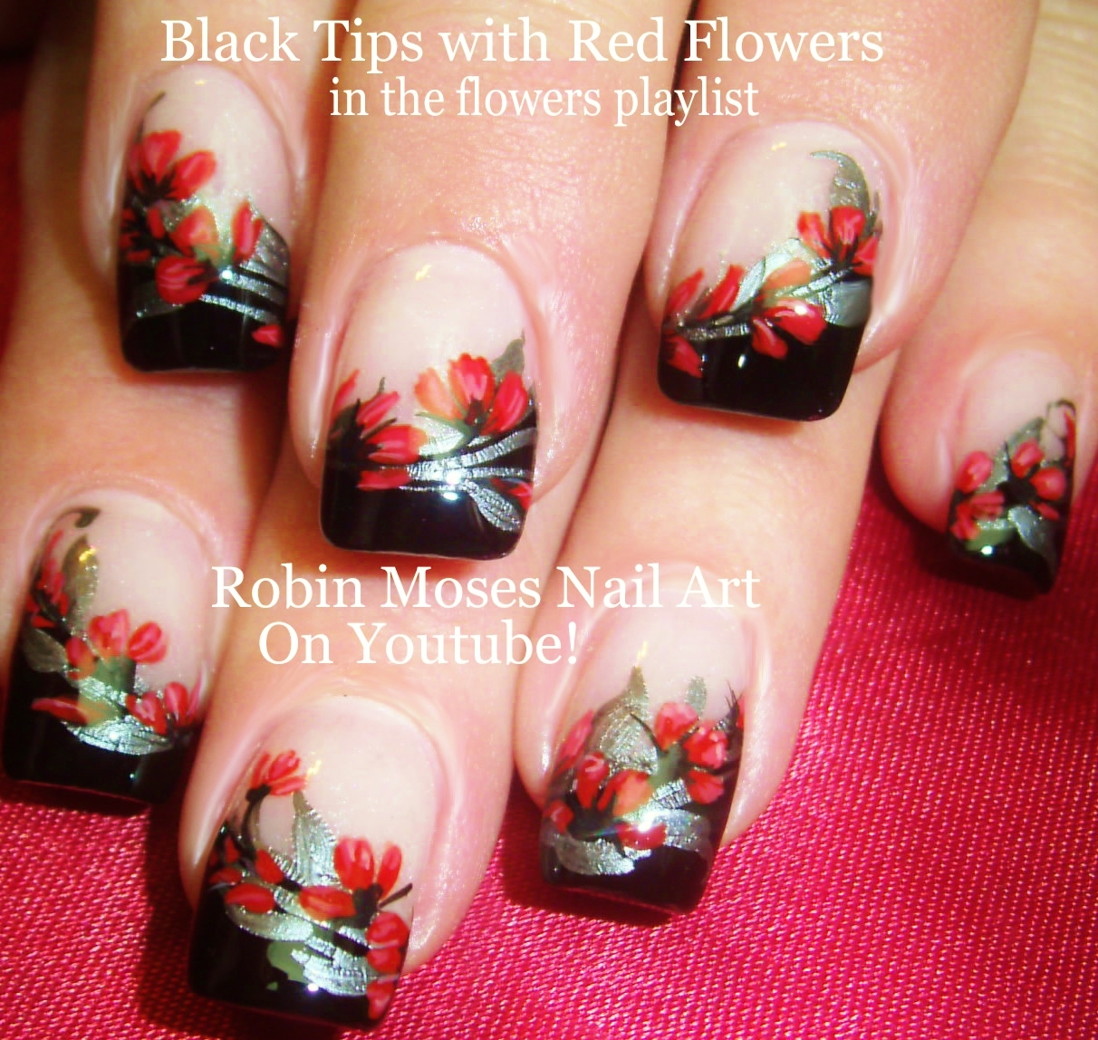 Nail Art by Robin Moses: DIY Fall Nails! Red flowers on black and white ...