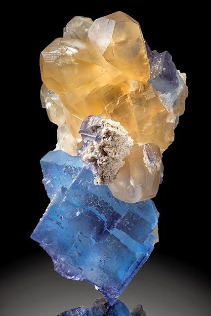Gorgeous specimen featuring golden Calcite crystals clustered atop deep ...