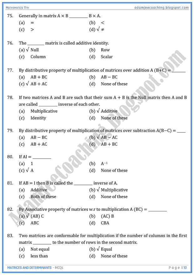 Adamjee Coaching: Matrices and Determinants - MCQs - Mathematics 11th