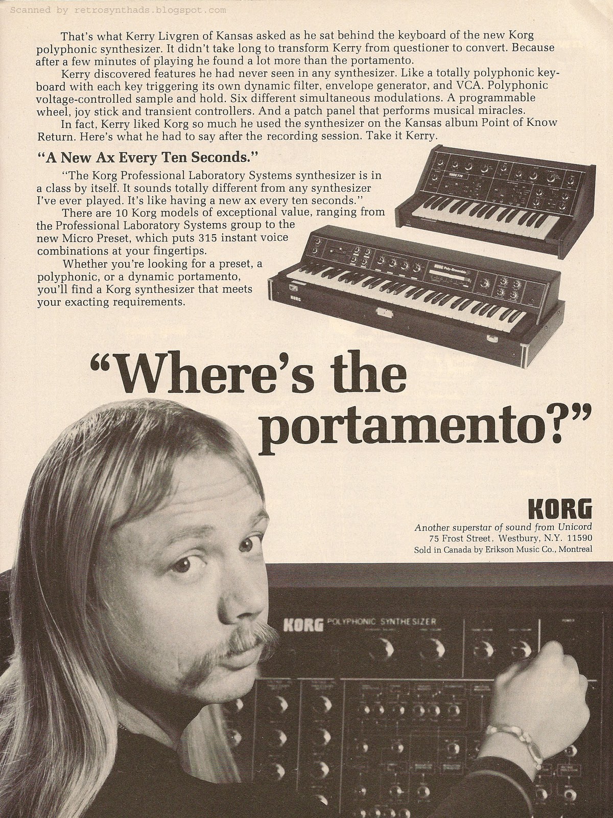 Retro Synth Ads: Korg "Where's the portamento?" ad, Contemporary ...