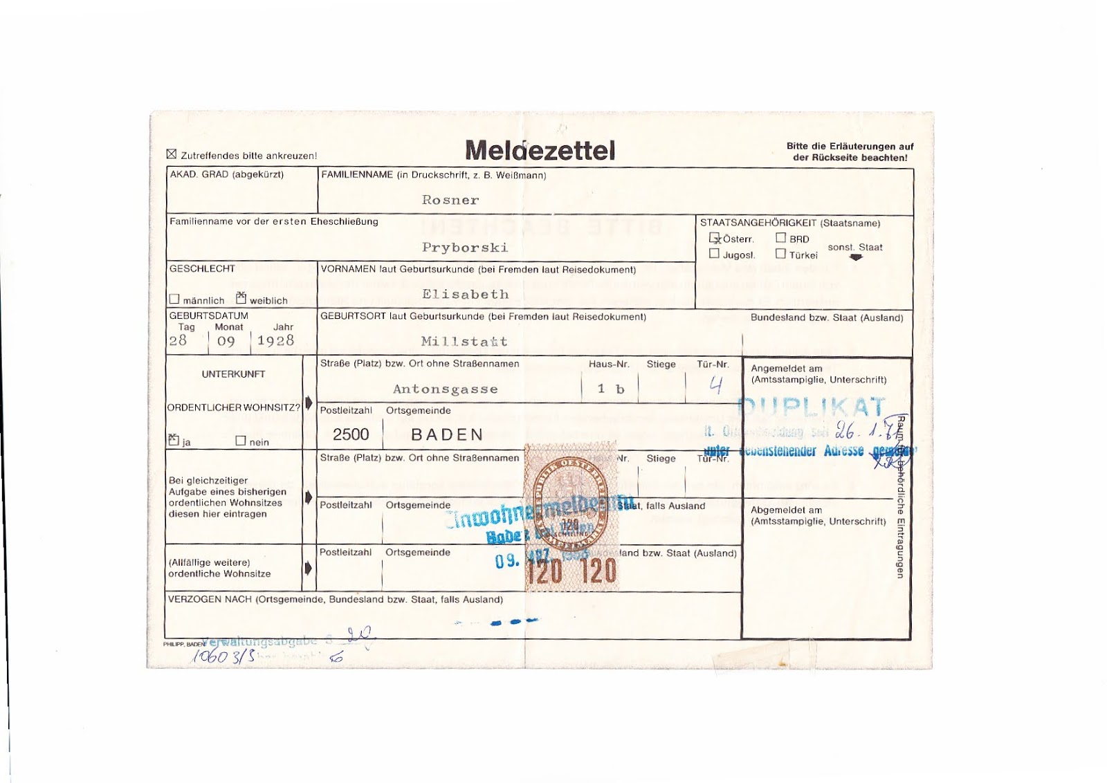 Elisabeth Rosner Meldezettel 2