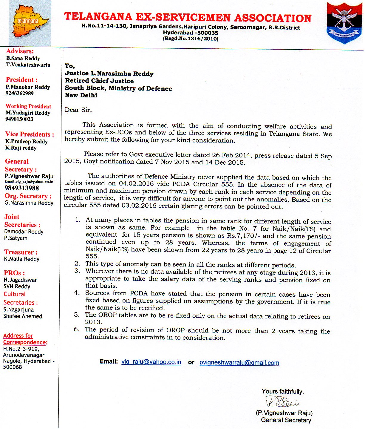 TELANGANA EX-SERVICEMEN WELFARE ASSOCIATION : LETTER SUBMITTED TO ...