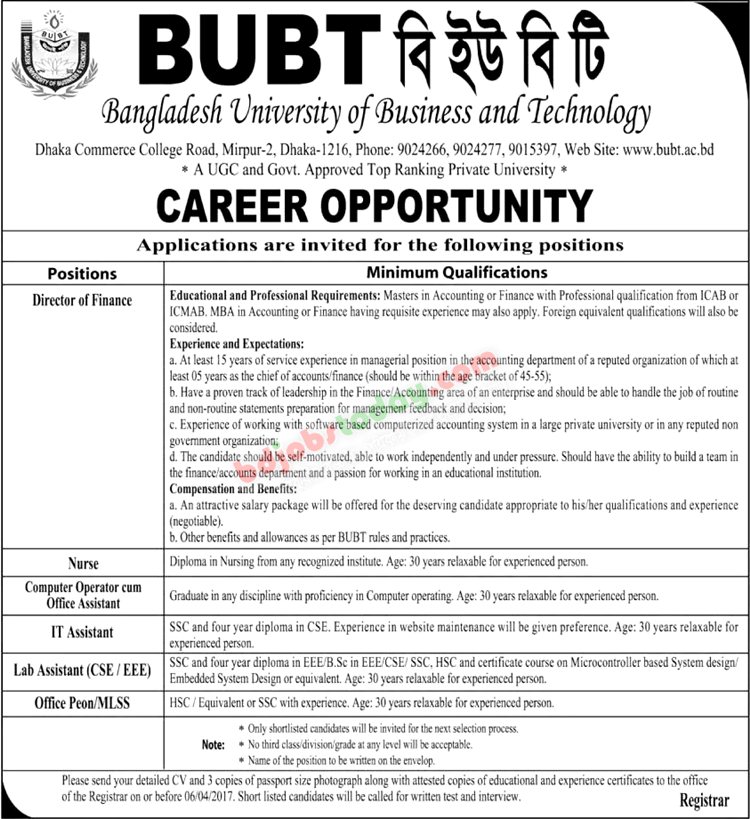 BANGLADESH UNIVERSITY OF BUSINESS AND TECHNOLOGY -BUBT Position : Lab ...
