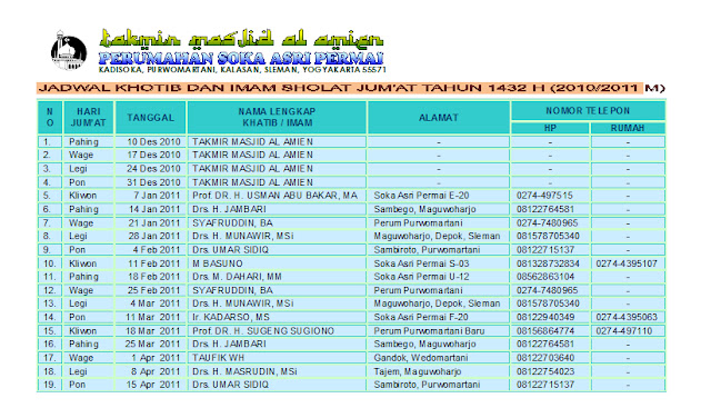 MASJID AL AMIEN: Jadwal Khotib & Imam Jum'at 2011