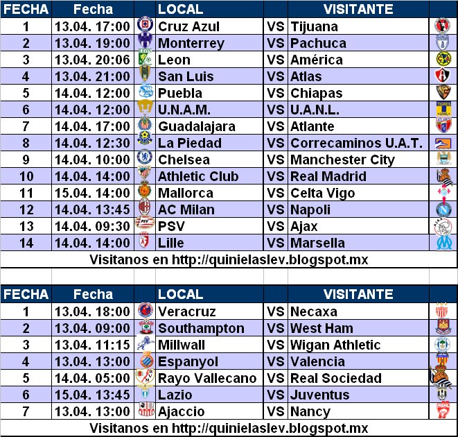 Quinielas.lev: Calendario y Datos Para la Quiniela Progol y Revancha 1686.