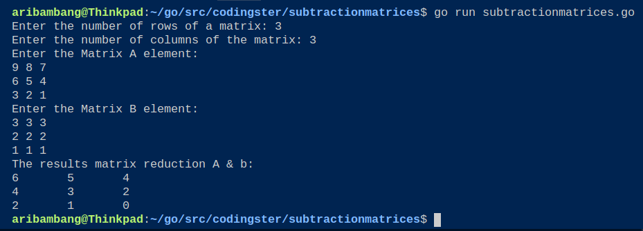 Go Program To Subtraction Two Matrices (Golang) - Codingster