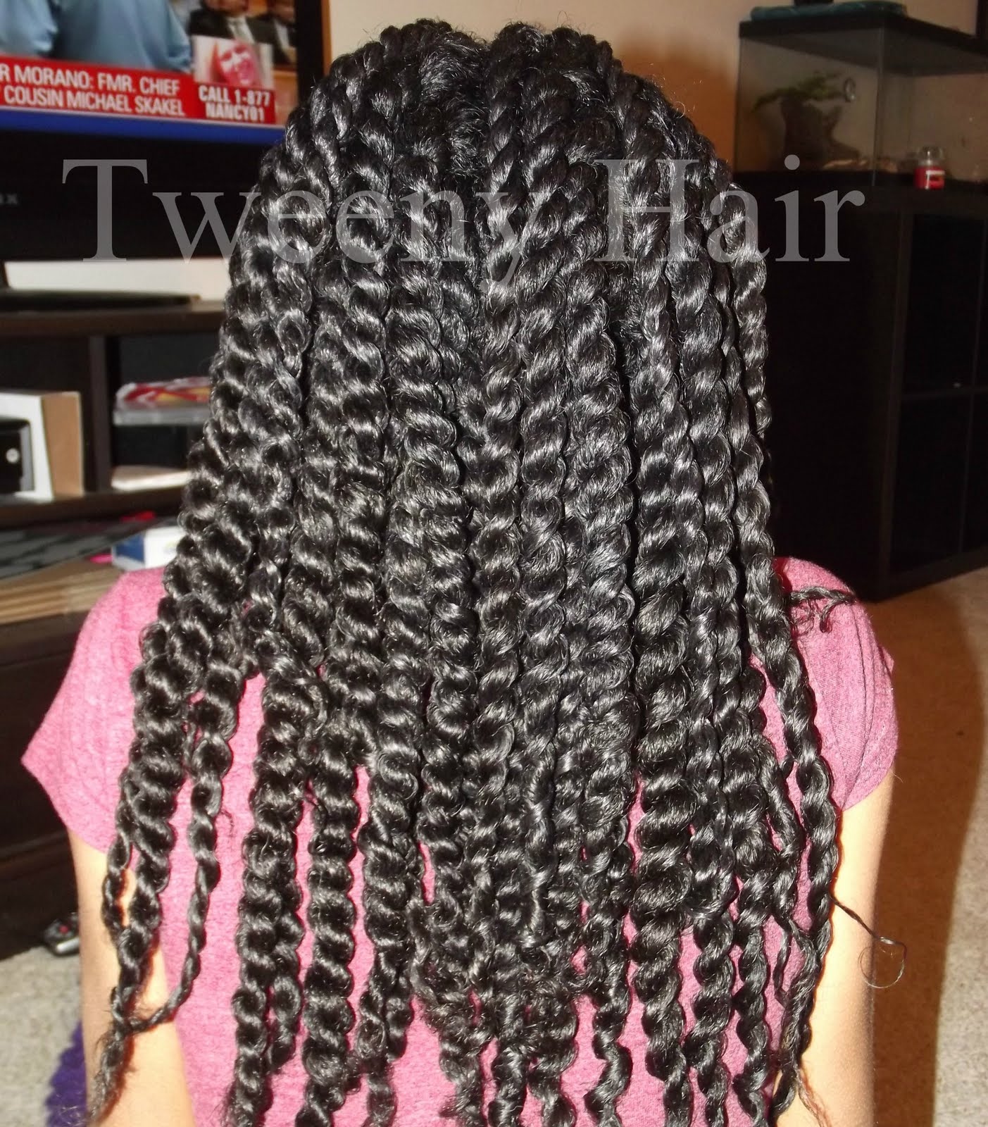 Tweeny Hair: Short Cornrows, Green Rubber Bands, and Two Strand Twists