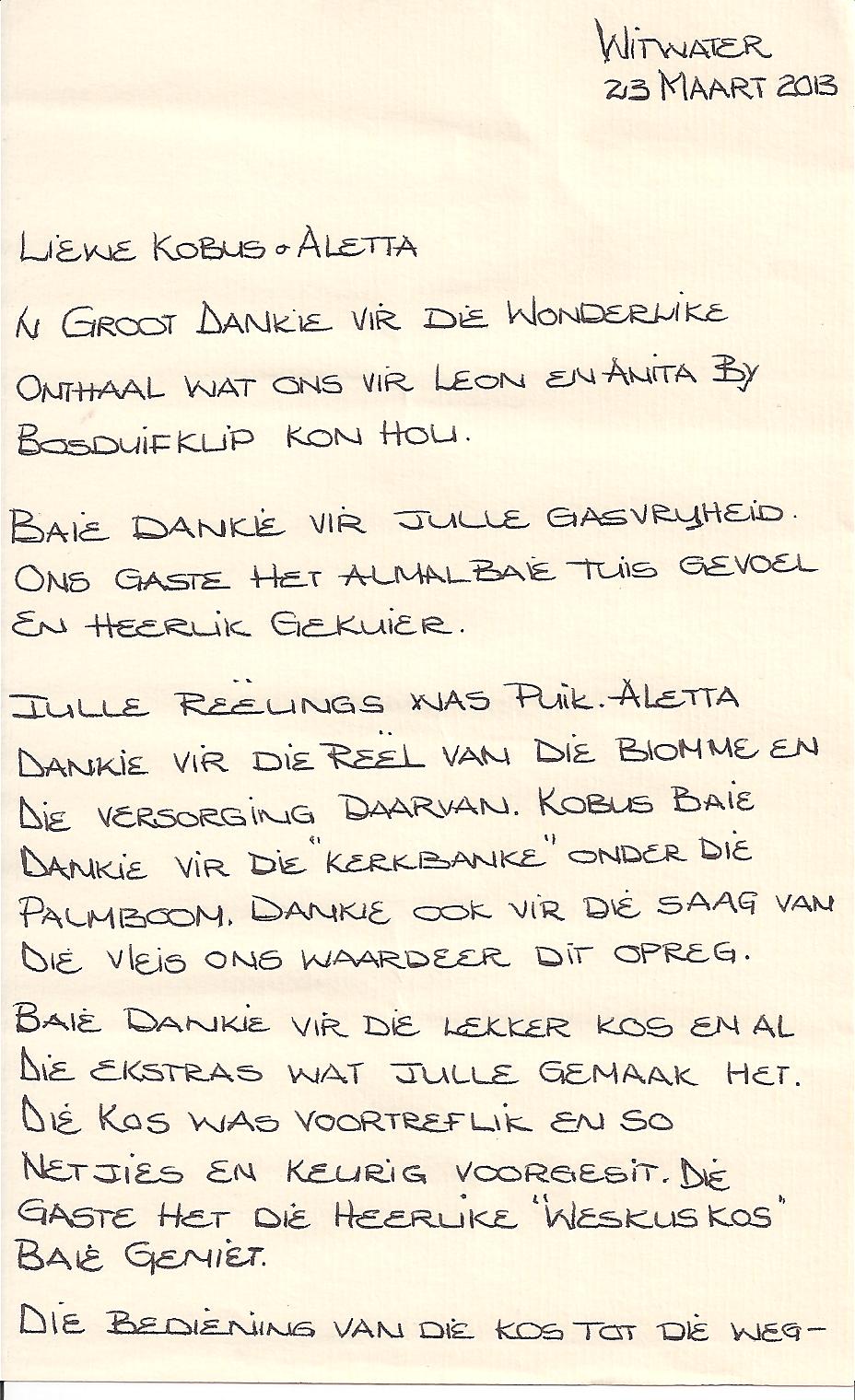 Bosduifklip Restaurant: Troue 23 Maart 2013: Dankie brief