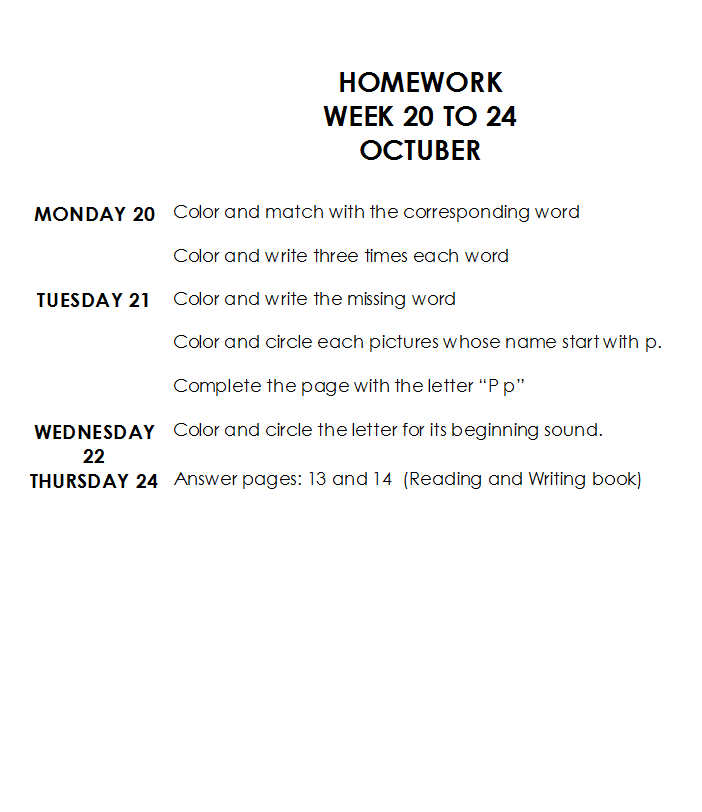 Instituto Británico de Torreón, Preescolar: HOMEWORK 20 TO 24 OCTOBER ...