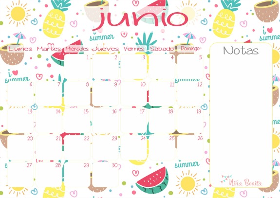 Imprimible: Calendario de Junio de 2016 - Niña Bonita