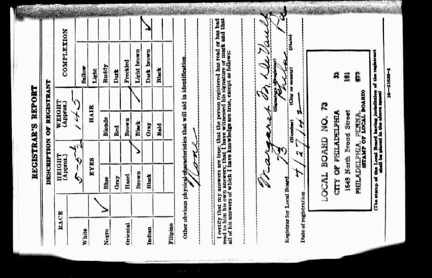 Military Monday : Tobias Otterbein Chew, World War II Draft ...