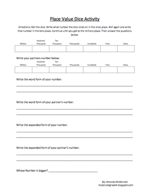 Mrs. McDonald's 4th Grade: Place Value Roll the Dice Worksheet