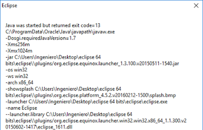 Error al iniciar Eclipse Java was started but returned exit code= 13
