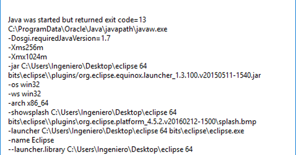 Error al iniciar Eclipse Java was started but returned exit code= 13