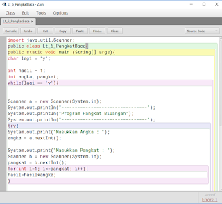 Java Script: Membuat Coding Pangkat Baca Dengan Perulangan Menggunakan BlueJ