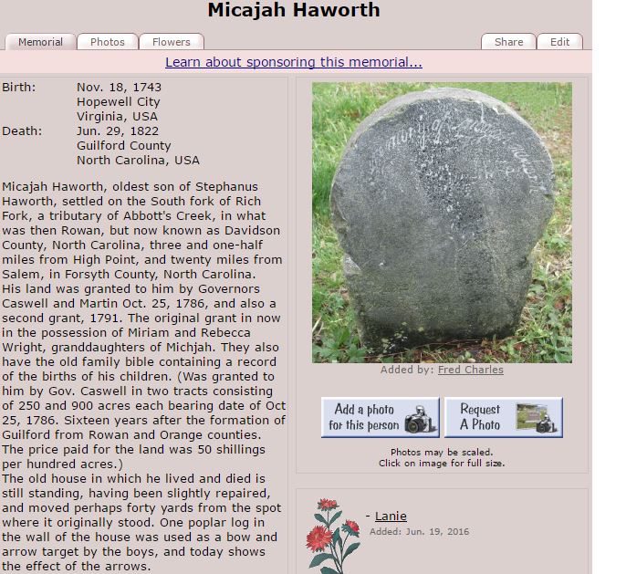 Barron Family Tree: Micajah Haworth 1743-1822
