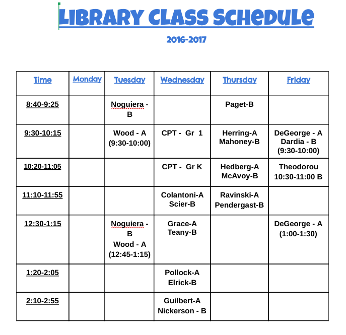 @ The Memorial School Library: Library Class Schedule